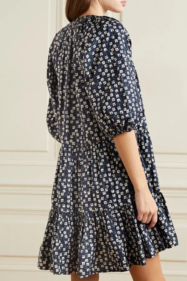 Apiece Apart Mitte Tiered Printed Organic Cotton-Poplin Mini Dress - Blue |  Editorialist