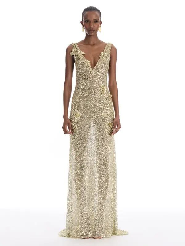 Oscar De La Renta Crystal Floral Embroidered Gown - One-color