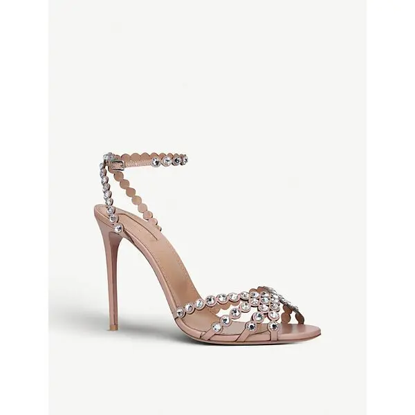 AQUAZZURA Tequila 105 Gem-embossed Leather Heeled Sandals - Pale Pink
