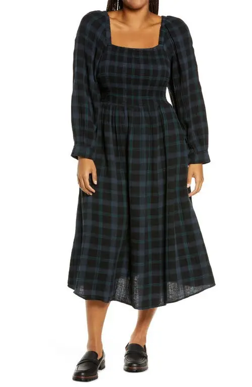 Madewell Lucie Livonia Plaid Lightspun Long Sleeve Smocked Midi Dress - Dark Baltic