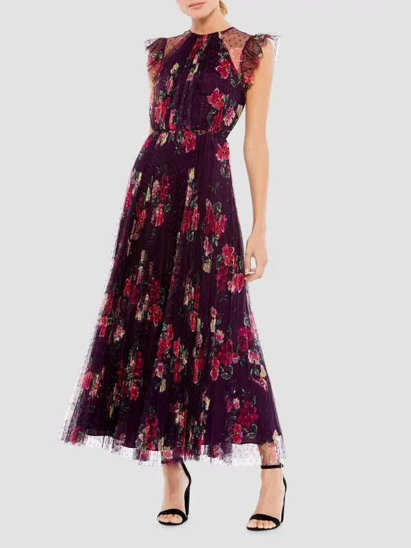 Mac Duggal Ieena Cap Sleeve Floral A-line Dress - Plum Multi