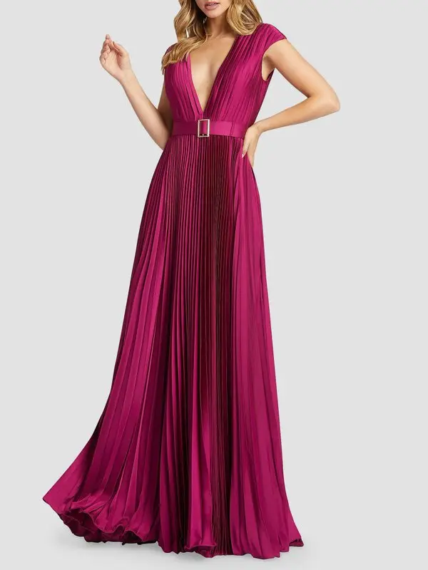 Mac Duggal Ieena Satin Pleated Gown - Raspberry