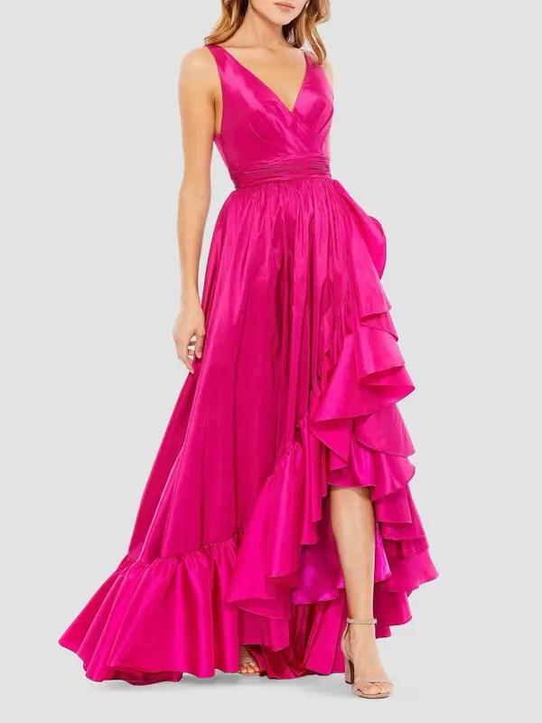 Mac Duggal Satin Flounce V-neck Gown - Magenta