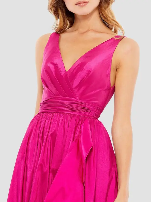 Mac Duggal Satin Flounce V-neck Gown - Magenta