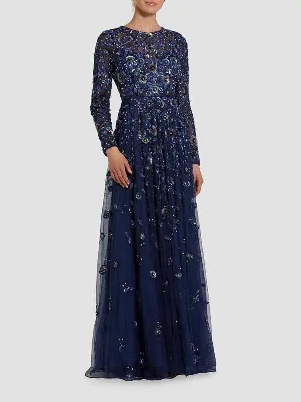 Mac Duggal Floral A-line Gown - Navy