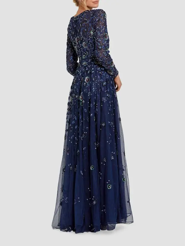Mac Duggal Floral A-line Gown - Navy