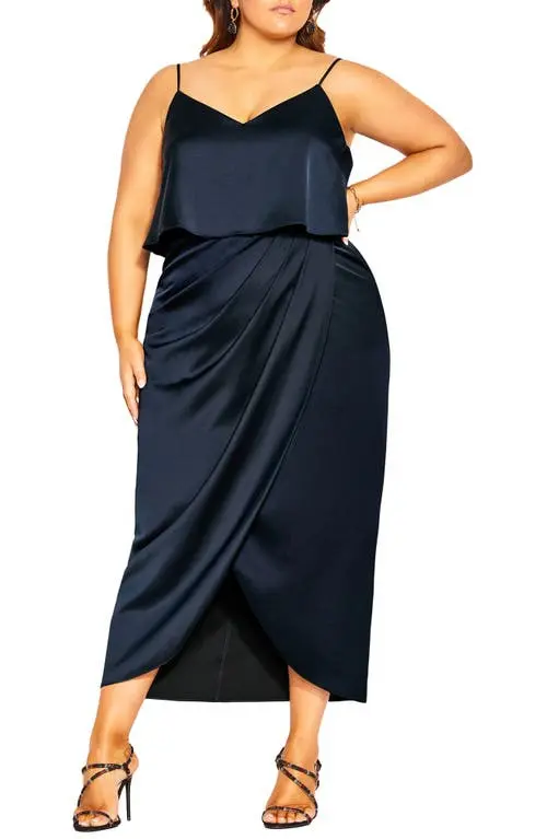 City Chic Midi Dress With Overlay - Navy