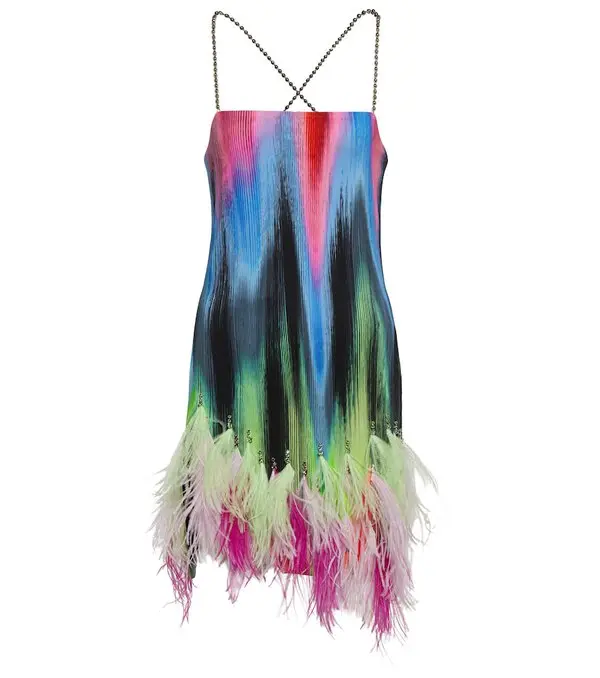 Attico Fujiko Feather-trimmed Printed Minidress