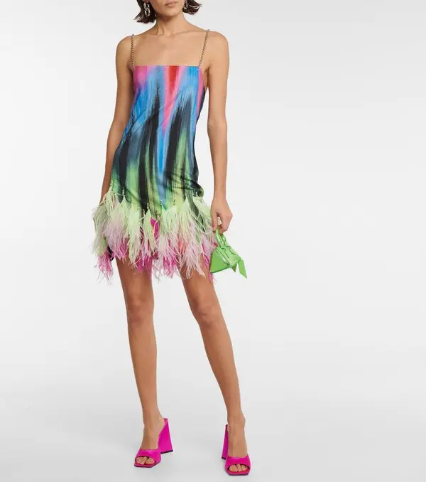 Attico Fujiko Feather-trimmed Printed Minidress