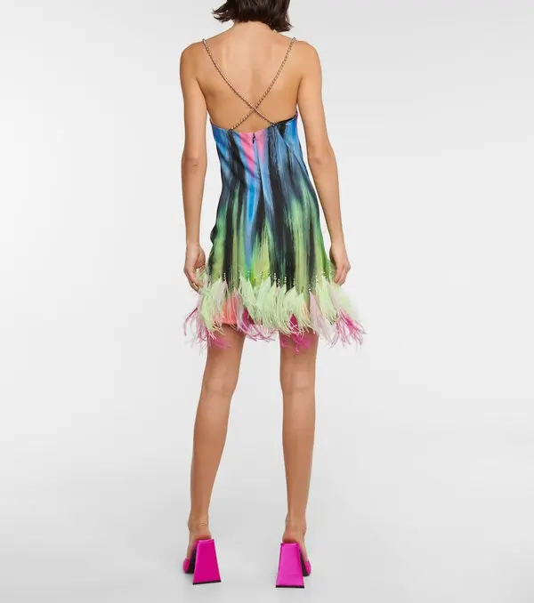 Attico Fujiko Feather-trimmed Printed Minidress