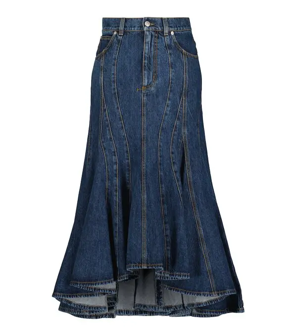 Alexander McQueen Flared Denim Midi Skirt