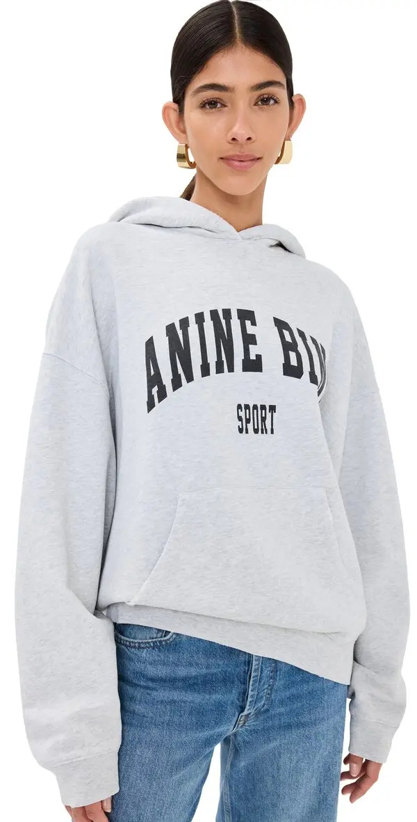 ANINE BING Harvey Distressed Logo Hoodie - Grey Melange