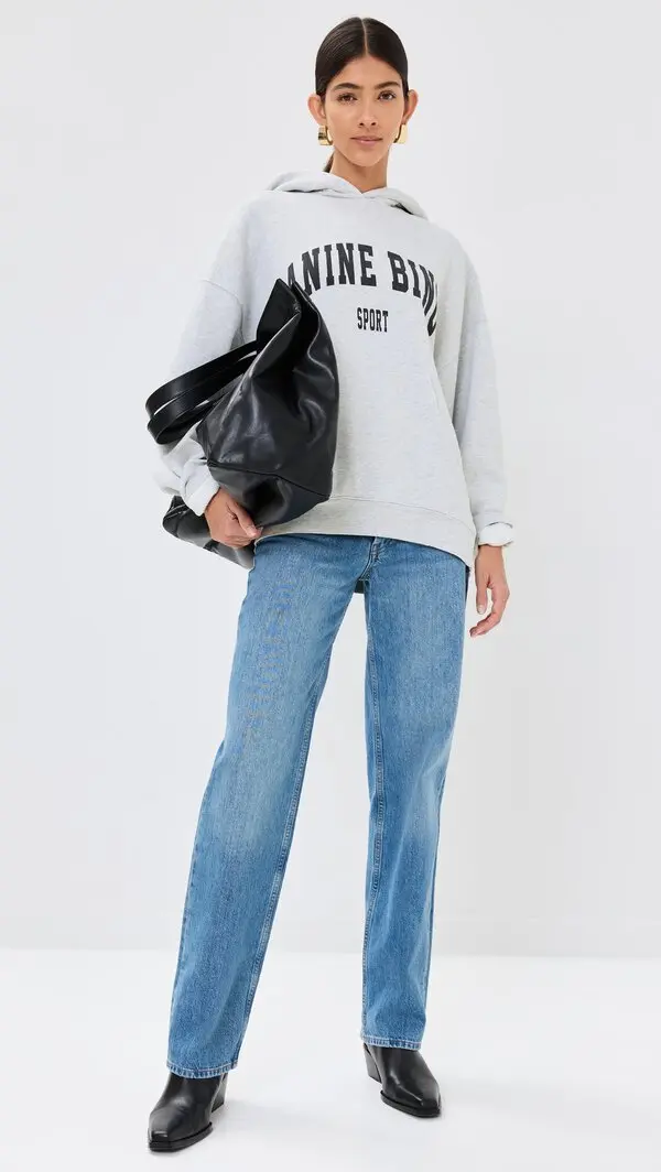 ANINE BING Harvey Distressed Logo Hoodie - Grey Melange