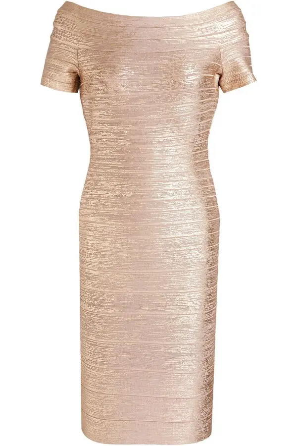 Herve Leger Metallic Coated Bandage Mini Dress - Rose Gold