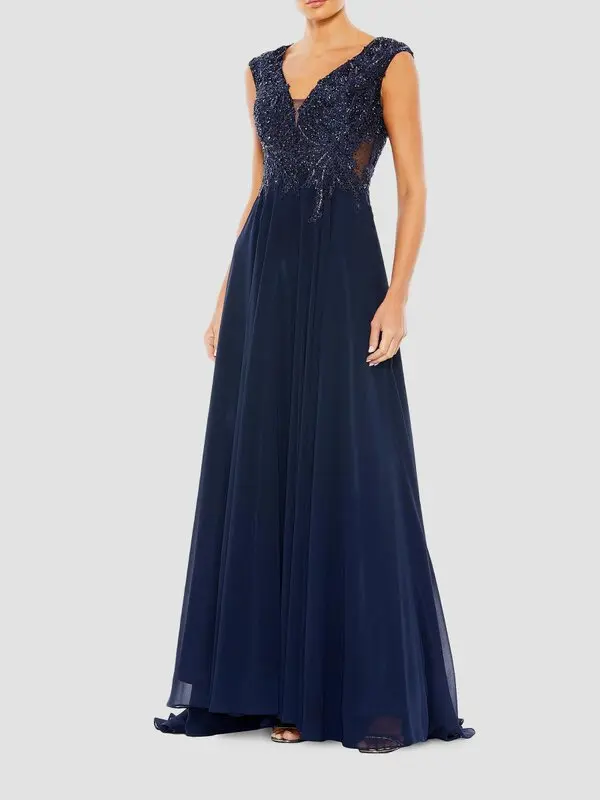Mac Duggal Metallic Floral Bead-embroidered A-line Gown - Navy