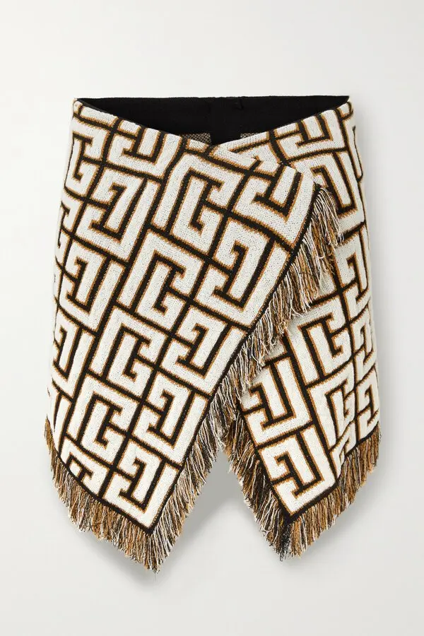 Balmain Wrap-effect Fringed Jacquard-knit Mini Skirt - Black