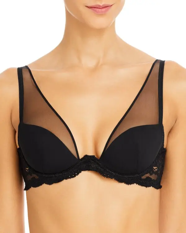 FLEUR DU MAL Charlotte Sheer Overlay Lace Plunge Bra - Black