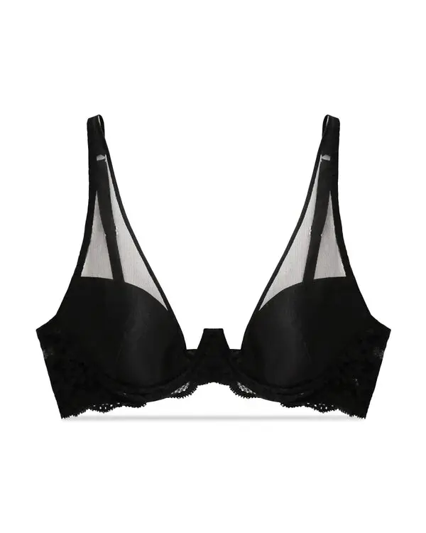 FLEUR DU MAL Charlotte Sheer Overlay Lace Plunge Bra - Black