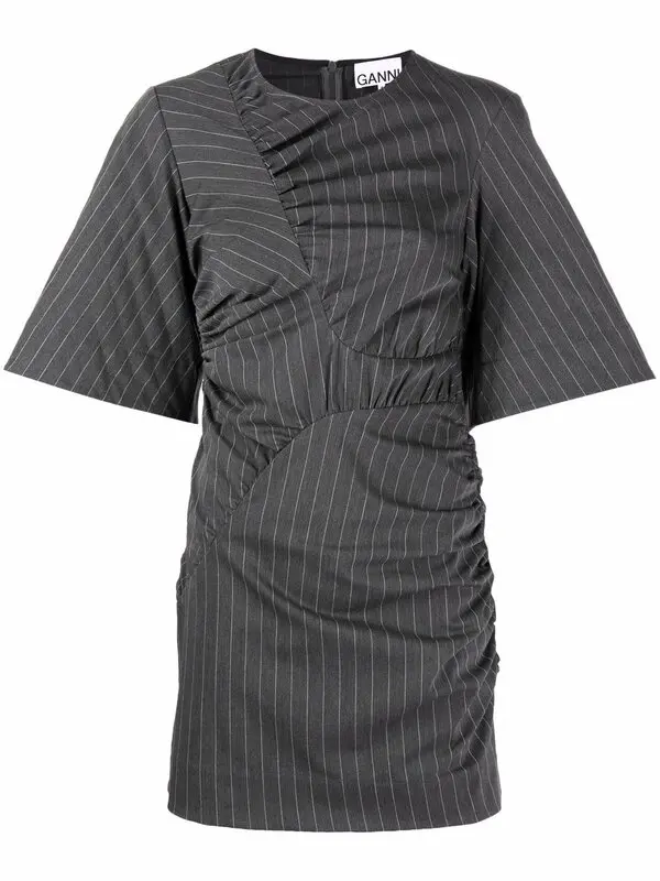 GANNI Gathered Pinstriped Minidress - Grey