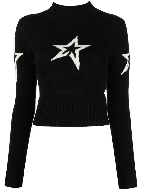 Perfect Moment Star Motif Cable Knit High Neck Sweater - Black