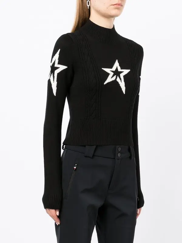 Perfect Moment Star Motif Cable Knit High Neck Sweater - Black