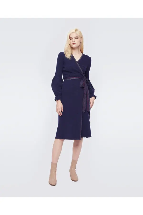 knee length dresses for ladies Gray Wool Fit and Flare Midi Dress – Long Sleeve V Neck Dress 5457 –  Xiaolizi main image 0