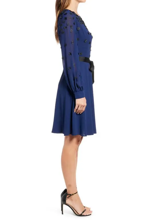 Shani Floral Embellished Long Sleeve Fit-and-flare Dress