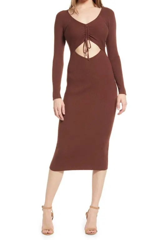 all in favor long sleeve midi dress All In Favor Gathered Front Cutout Long Sleeve Rib Midi Dress In Coffee -  59% Off