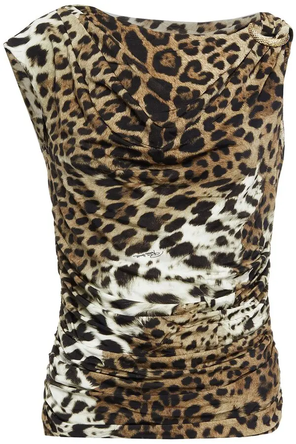 Roberto Cavalli Embellished Leopard Print Draped Stretch Jersey Top - Animal Print