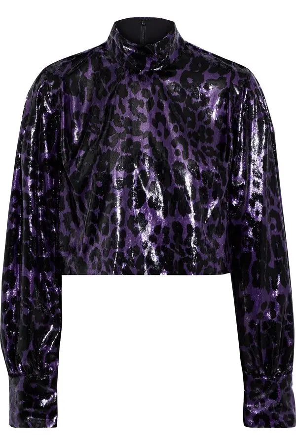 Diane Von Furstenberg Sala Cropped Metallic Leopard-print Velvet Turtleneck Top - Purple