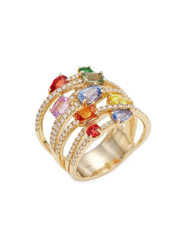 Saks Fifth Avenue Collection 14k Gold, Diamond & Rainbow Sapphire Stacked Ring - Yellow Gold