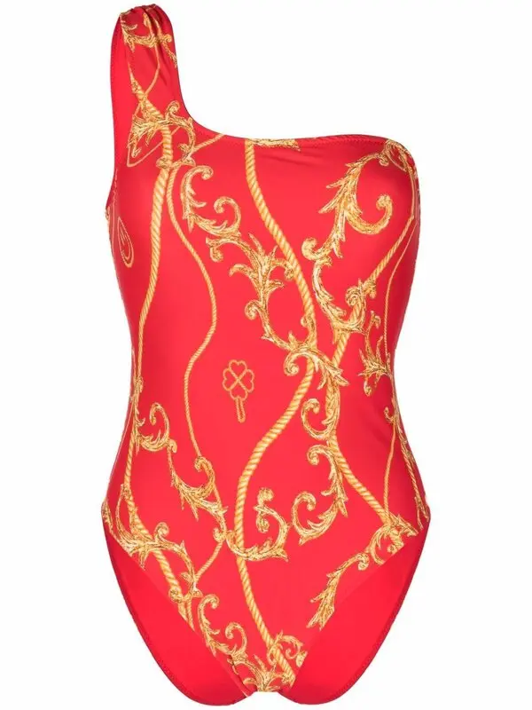 GANNI Baroque-print One-shoulder Swimsuit - Red