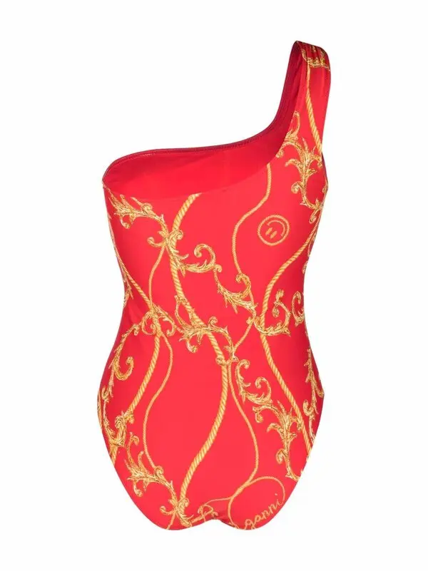 GANNI Baroque-print One-shoulder Swimsuit - Red