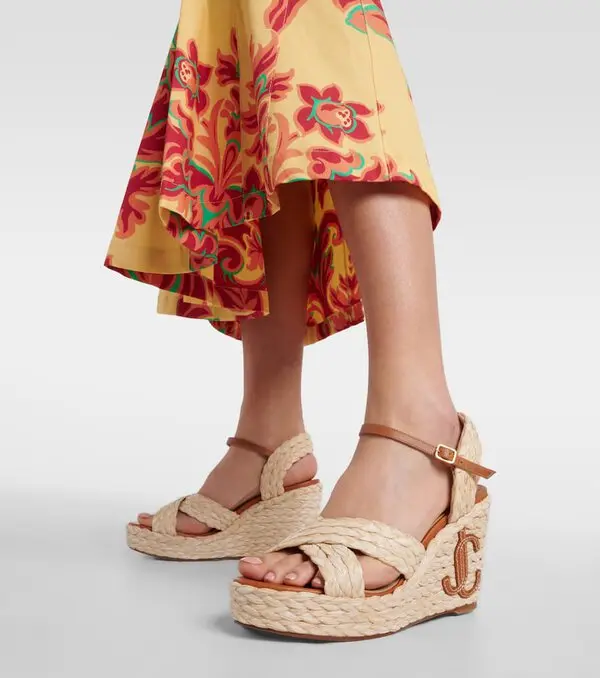 Jimmy Choo Dellena 100 Raffia Wedge Sandals In Beige 30% Off