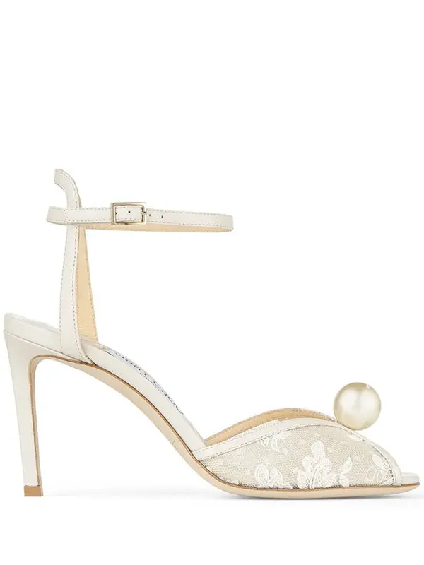 JIMMY CHOO Sacora 85 Leather And Lace Sandals - White