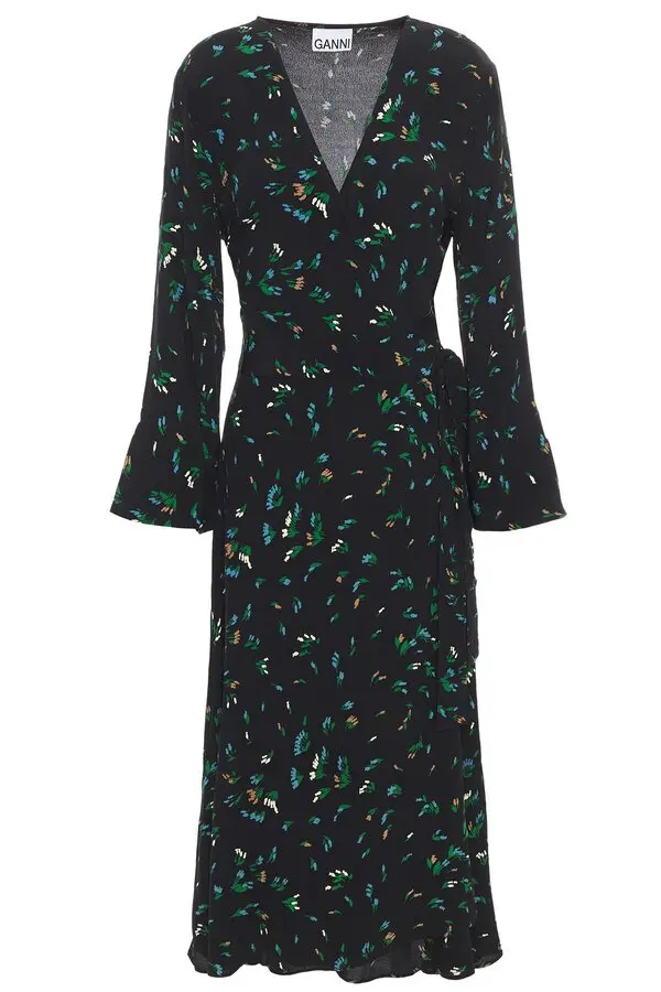 GANNI Printed Crepe Midi Wrap Dress - Green