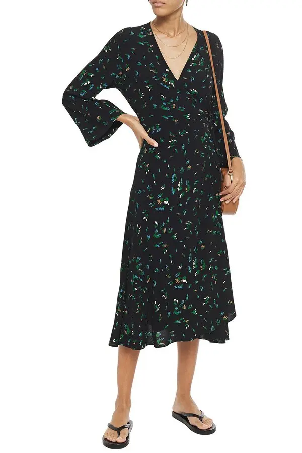 GANNI Printed Crepe Midi Wrap Dress