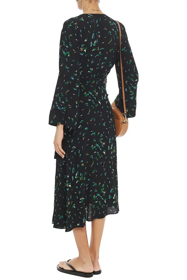 GANNI Printed Crepe Midi Wrap Dress