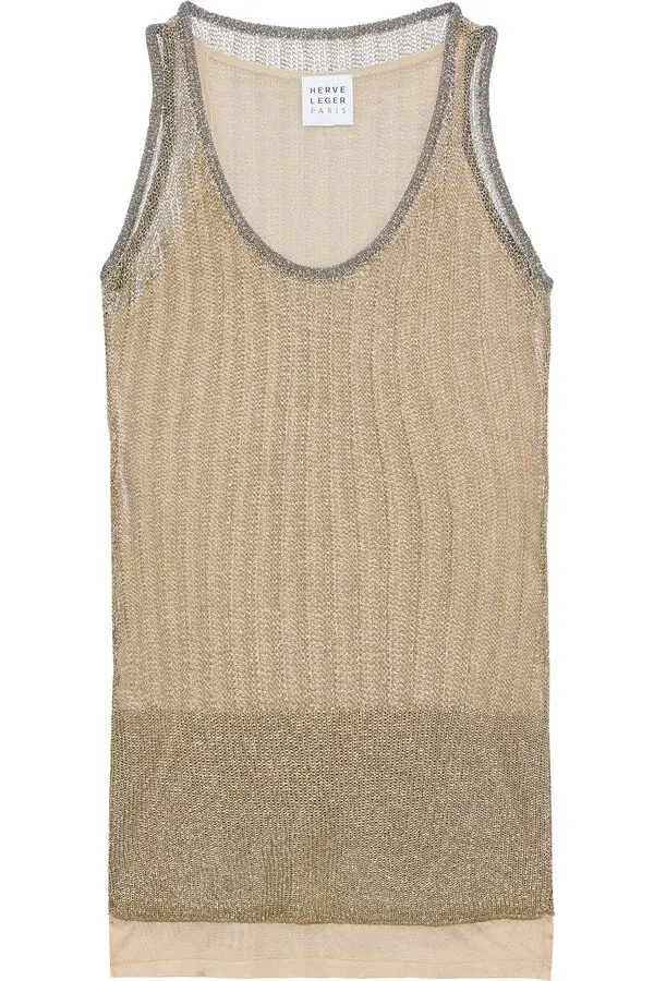Herve Leger Ribbed Metallic Open-knit Top