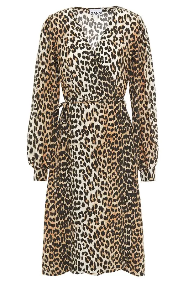 GANNI Leopard-print Crepe De Chine Wrap Dress - Animal Print