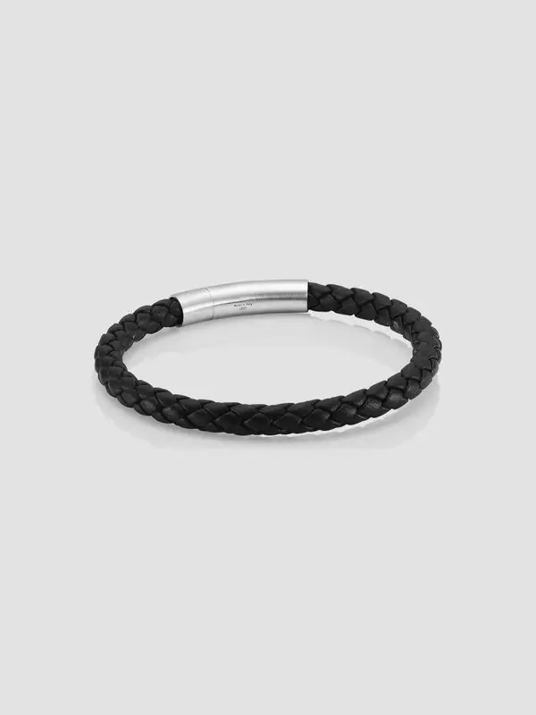 Tateossian Sterling Silver & Leather Basketweave Bracelet - Black