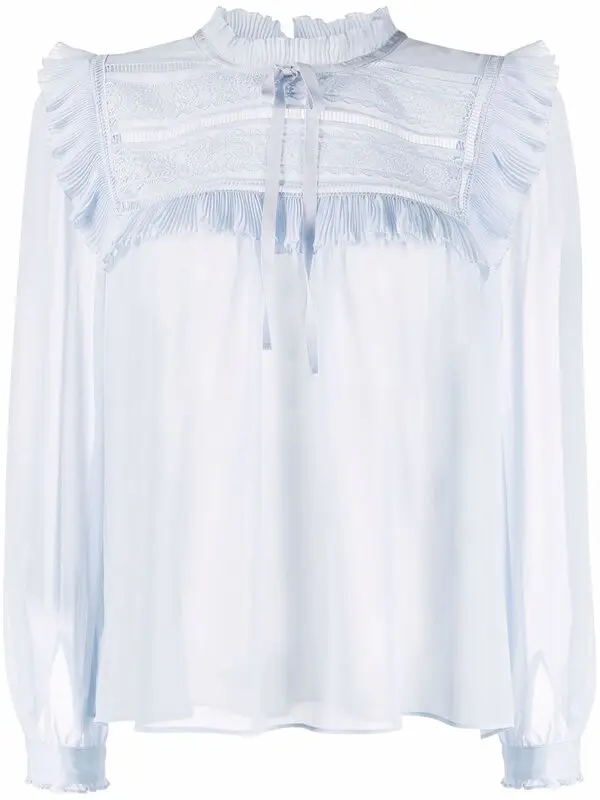 SELF-PORTRAIT Ruffled Semi-sheer Blouse - Blue