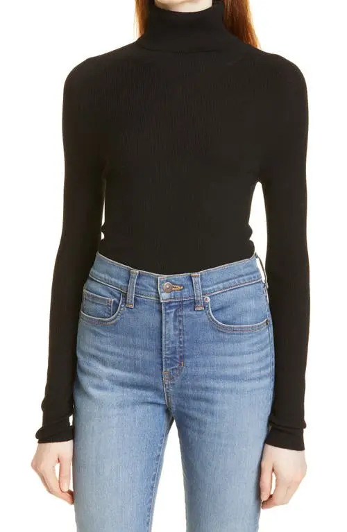 Veronica Beard Calista Turtleneck Merino Wool Rib Top - Black