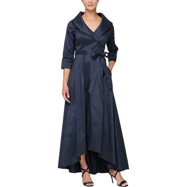 Alex Evenings Portrait Collar Faux Wrap Gown - Navy