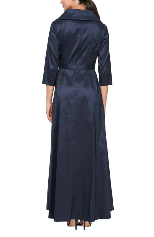 Alex Evenings Portrait Collar Faux Wrap Gown - Navy