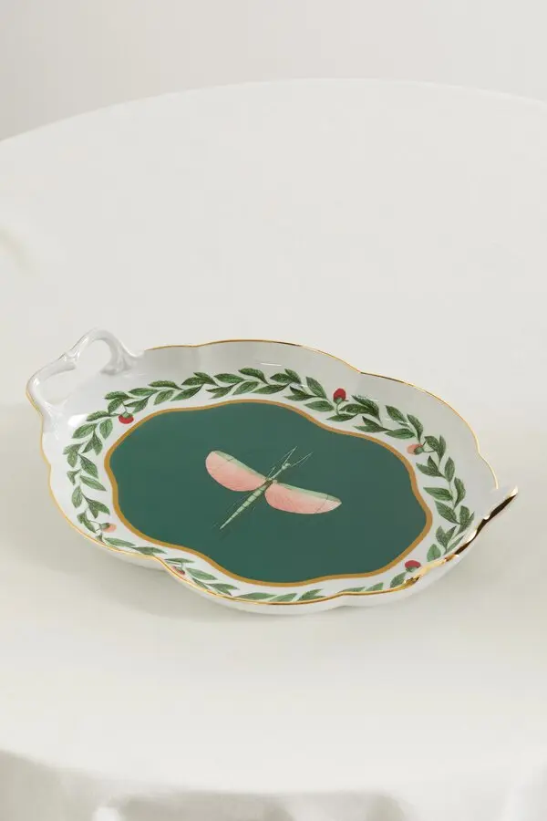 La DoubleJ Tea For Two Gold-plated Porcelain Tray - Green