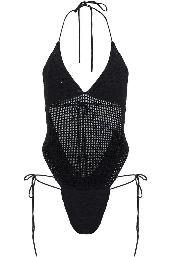 DION LEE Crochet-knit Halterneck Bodysuit - Black