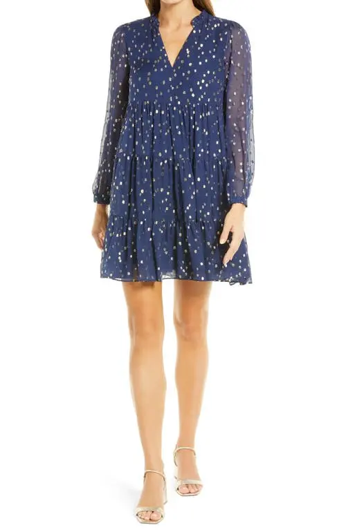 Lilly Pulitzer Sarita Long Sleeve Silk Dress - High Tide Navy Gold Clip |  Editorialist