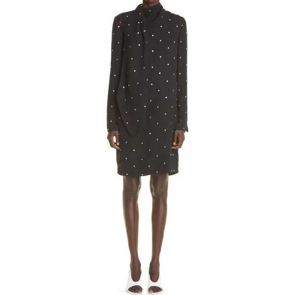 St. John Rhinestone Embellished Scarf Neck Silk Dress