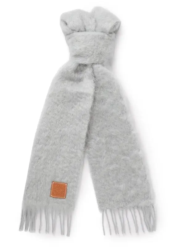 Loewe Logo-appliquéd Fringed Mohair-blend Scarf - Gray